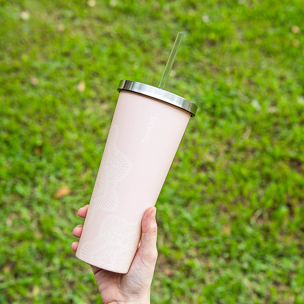 bzyoo SUP Double Wall Vacuum Insulated Tumbler with Straw and Lid Stainless Steel Water Bottle Cold Drink Travel Mug Cup, Valentines Gifts For Him & Her (710ml) Color: Mandala Pink