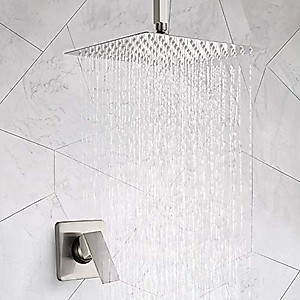 POP SANITARYWARE Ceiling Mount Shower Faucet Set Brushed Nickel Bathroom 10 Inch Rainfall Mixer Shower Head System Single Handle Shower Trim Kit with Rough-in Valve