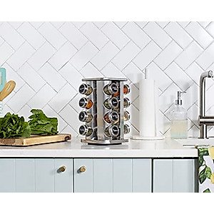 Orii 16 Jar Spice Rack with Spices Included - Rotating Countertop Tower Organizer for Kitchen Spices and Seasonings, Free Spice Refills for 5 Years (Stainless Steel)