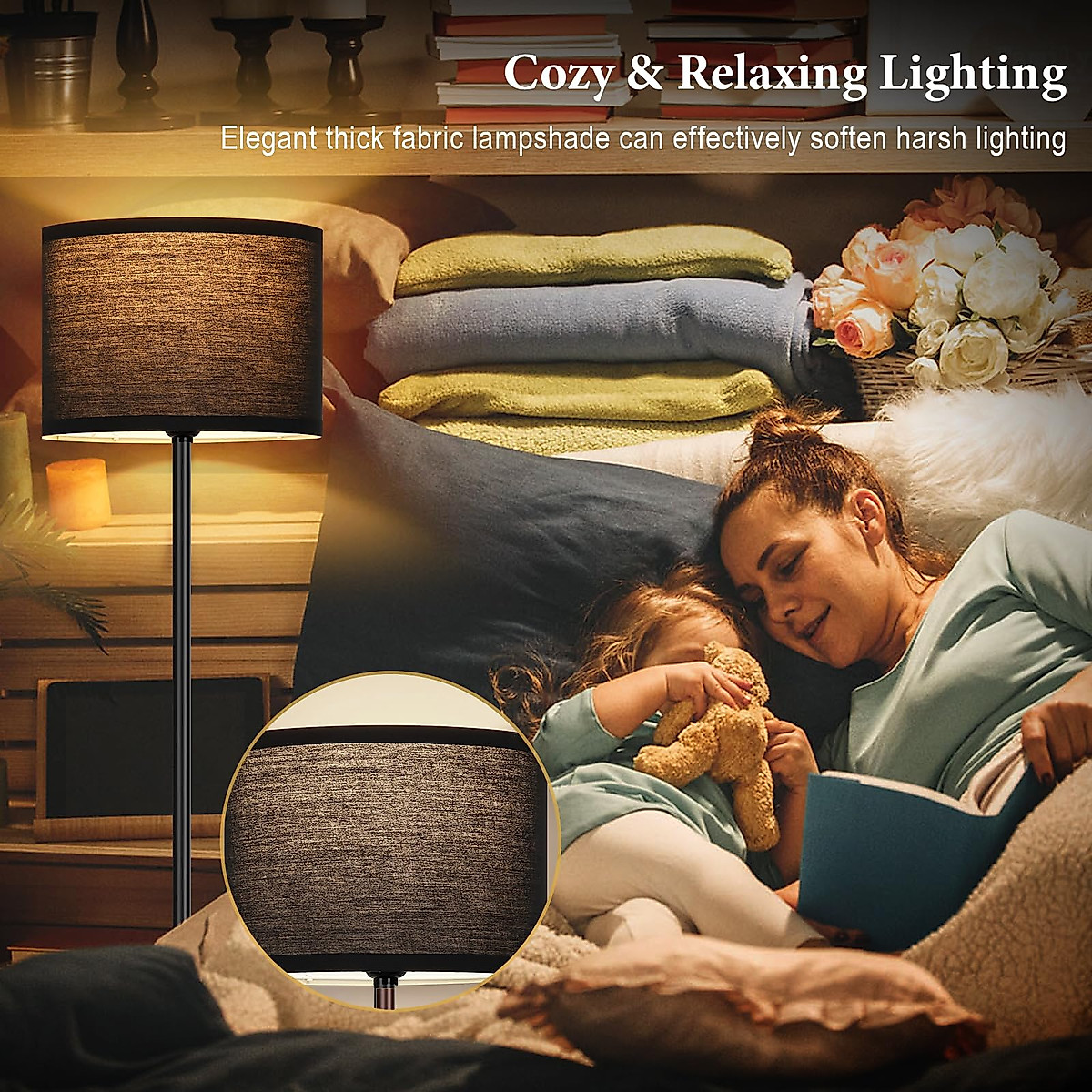 LED Floor Lamp Simple Design, Modern Standing Lamp with Shade,Tall Lamp for Living Room Bedroom Office Study Room, Black Pole Lights with Foot Switch, White Stand Up Lamp Fabric, E26 Base