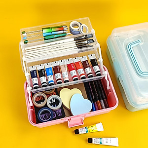 Tackle Box Organizers and Storage,10inch Craft Organizers and Storage,Three-Layer Sewing Box With 2 Trays,Medicine Storage Box With Handle For Nail、Makeup、Diamond Painting、Building Blocks (PINK)