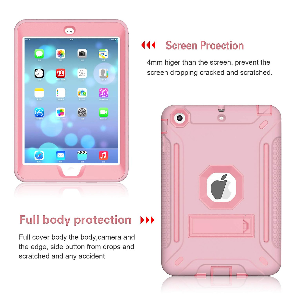 MAKEIT CASE iPad Mini Case, iPad Mini 3 Case Heavy Duty Hybrid Shockproof Protective Silicone and PC Hard Case Full-Body Rugged Protective Case with Kickstand for iPad Mini 1/2/3