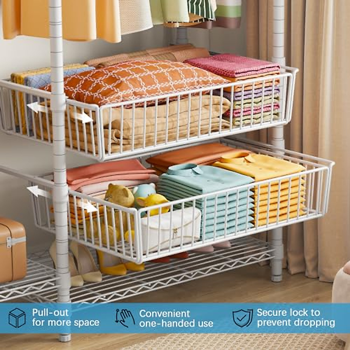 VIPEK L9 L Shape Garment Rack Heavy Duty Clothing Rack with 4 Adjustable Shelves & Slid Baskets, Freestanding Clothes Rack Metal Wardrobe Closet Rack, 44.6"L x 39"W x 73.4"H, Max Load 700LBS, White