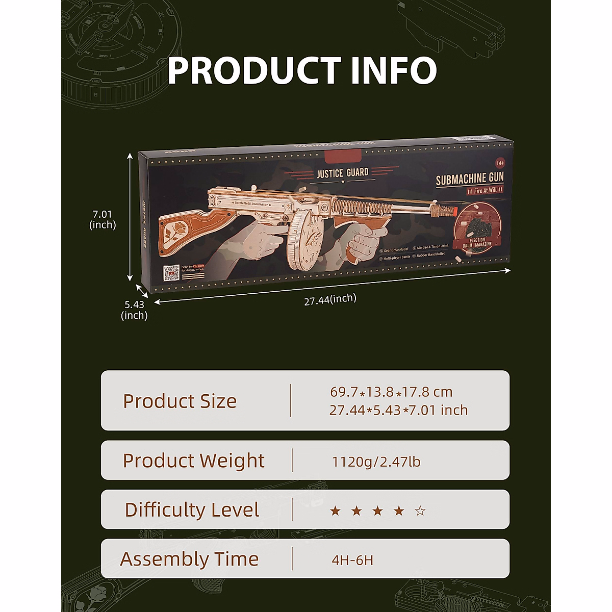 RoWood 3D Puzzles for Adults,Rubber Band Tommy Gun-Toy Wooden Model Kit,3D Wooden Puzzles for Adults,DIY Wooden Building Kits,Unique Gifts for Adults&Teens