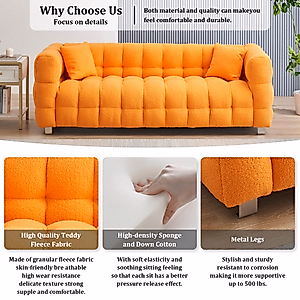 Dolonm Modern Sofa Couch with Metal Legs Upholstered Tufted 3 Seater Couch with 2 Pillows Decor Furniture for Living Room, Bedroom, Office, 80 Inch Wide(Orange-Teddy)