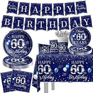 142 Pcs 60th Birthday Tableware Set Decorations Sliver and Blue 60th Happy Birthday Party Supplies for Men Women Birthday Tablecloth,Plates, Napkins, Cups,Forks and Knives