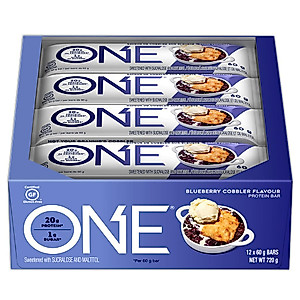 ONE Protein Bars, Blueberry Cobbler, Gluten Free Protein Bars with 20g Protein and 1g Sugar, Pantry Staples, 2.12oz (12 Count)