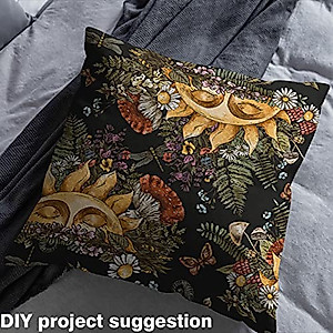 Sun Moon Fabric by The Yard, Bohomian Mushroom Daisy Upholstery Fabric, Gothic Dragonly Butterfly Indoor Outdoor Fabric, Trippy Leaf Halloween Decorative Fabric, DIY Craft Patchwork, 1 Yard, Black