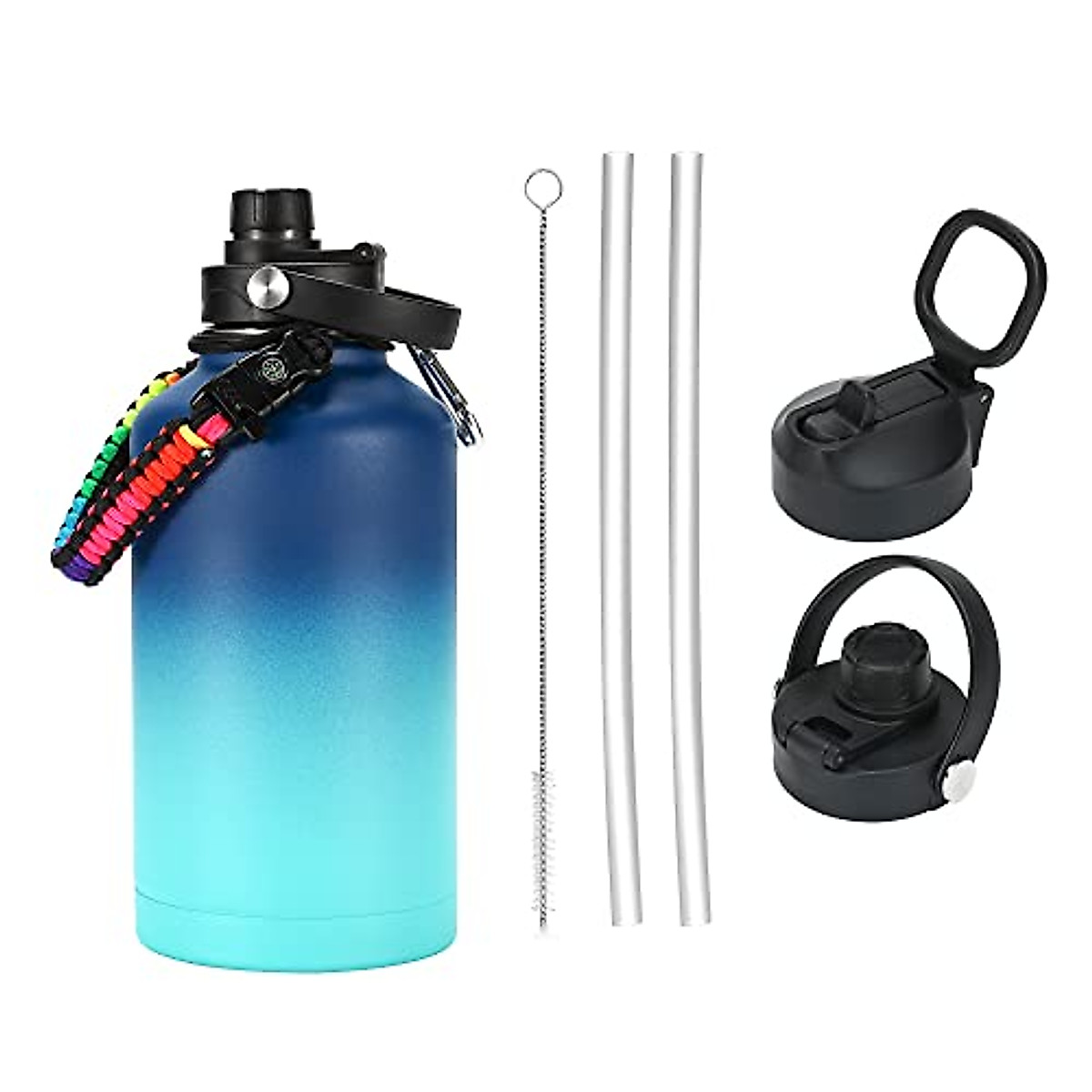 OJOJ Sports Water Bottle with Paracord - 64 oz Water Bottles with Straw Vacuum Insulated Water Jug Stainless Steel Water Bottle Water Bottle for Gym Hiking Hot and Cold Drinks