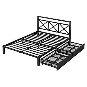 RORIGAT Queen Bed with 2 Drawers, Metal Platform Heavy Duty Beds Frames with Storage, Noise-Free, No Box Spring Needed/Easy Assembly (Queen Size, Black)