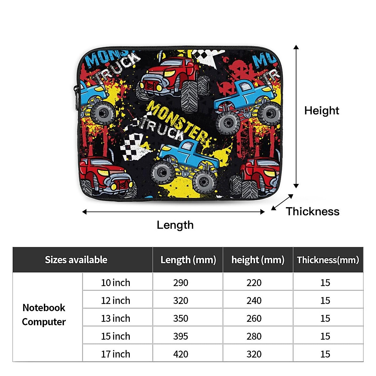 Boy Monster Truck Blue Car 13 inch Portable Laptop Sleeve Compatible with MacBook Air Notebook Computer Case for Men Women College School Students