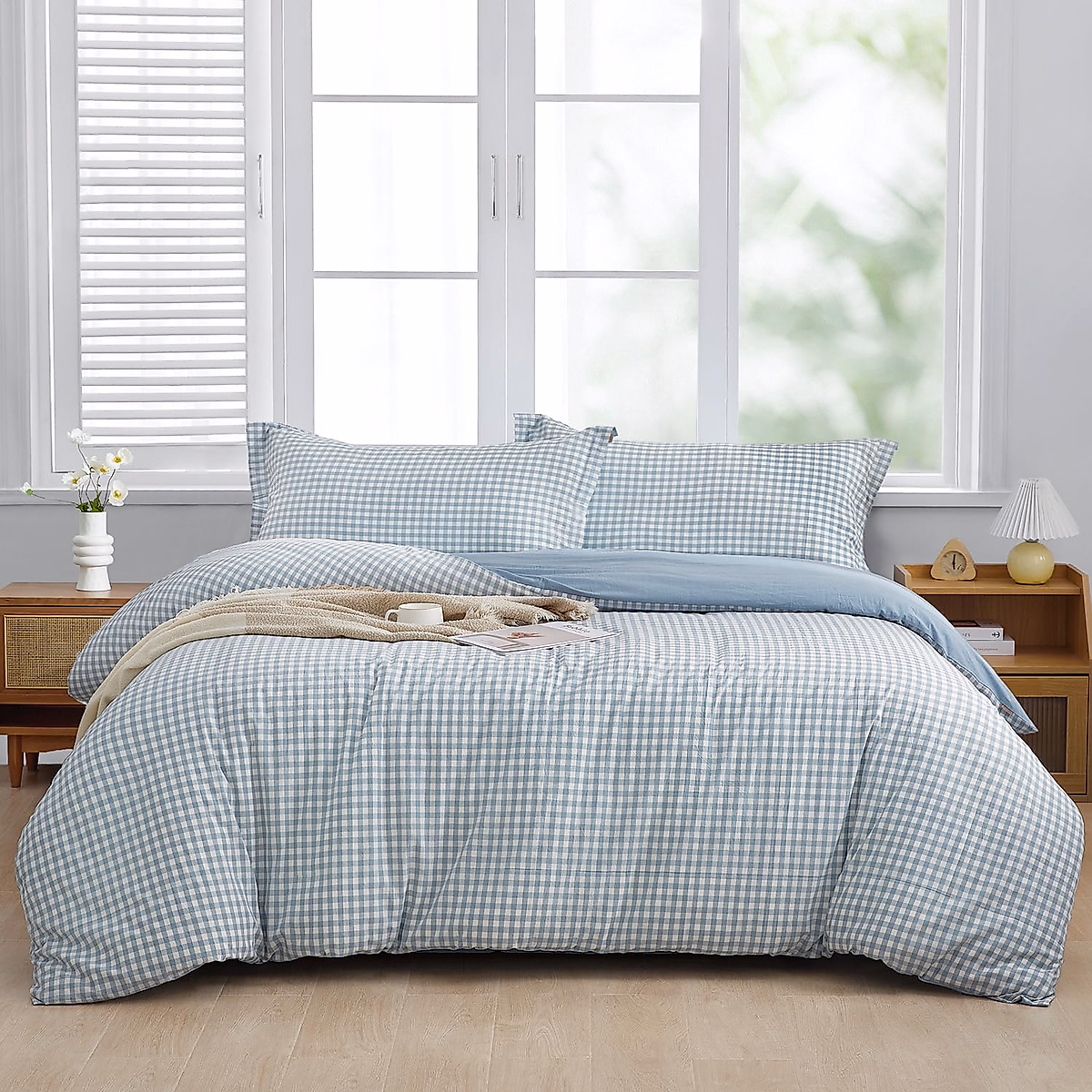 SAPHREAS Home Twin Light Blue Plaid Duvet Cover 100% Washed Cotton Soft Comforter Cover Simple Style 2pcs 1 Blue Grid Duvet Cover with Zipper Ties 1 Pillowsham
