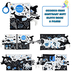 OKOOKO Soft Baby Book Black and White High Contrast Marine Animals Tails Book Bath Book Montessori Sensory Stroller Toy Non-Toxic Crinkle Washable Early Education for Baby Infant Toddler