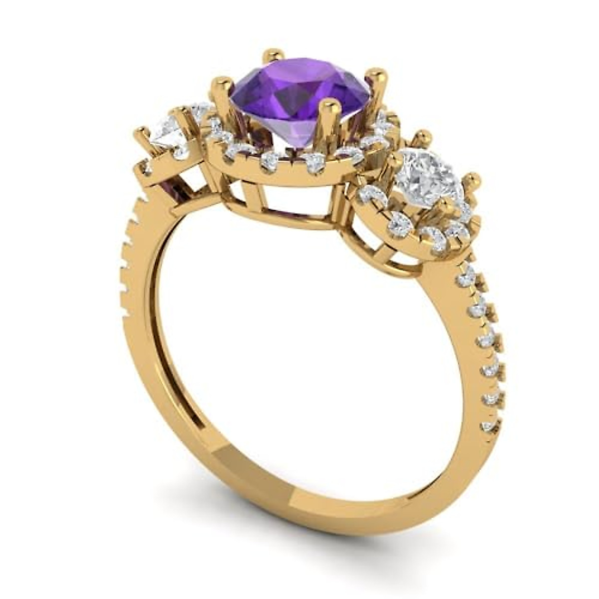 Clara Pucci 1.75ct Round Cut Halo Solitaire 3 stone Genuine Natural Amethyst Engagement Promise Anniversary Bridal Ring 18K Yellow Gold 6