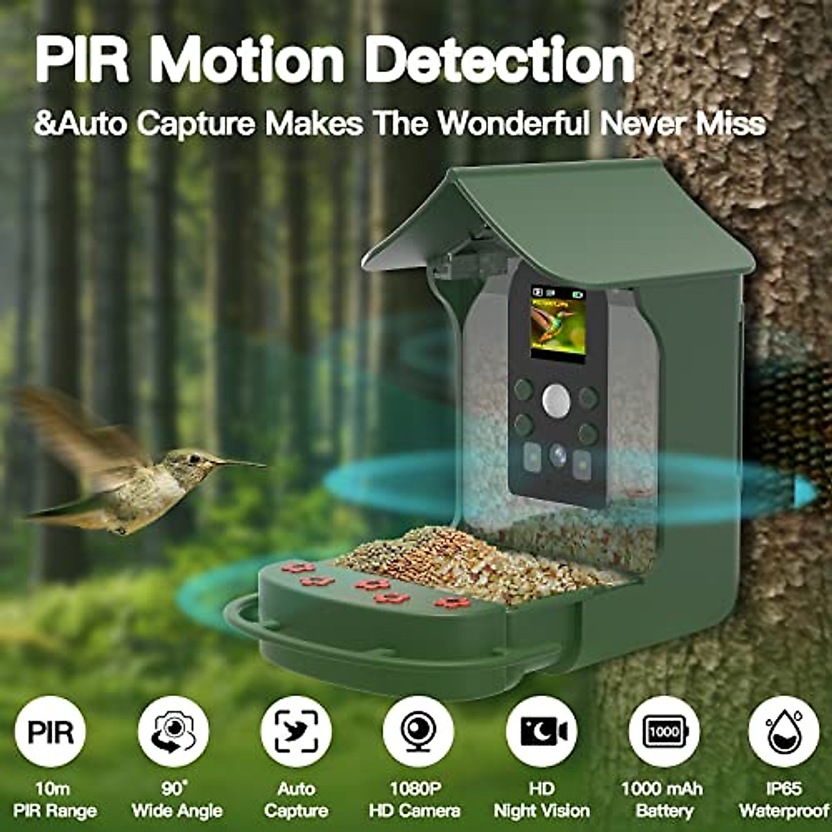 ESOXOFFORE Smart Bird Feeder with Camera,Hummingbird Feeder House with PIR Motion Detection 1080P Auto Capture Photo&Video,Night Vision,IP65 Waterproof Bird Watching Camera Gift -32G Card