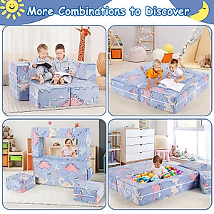 MAMIZO Kids Sofa Couch, Modular Toddler Couch Dinosaur Glow in Dark, Fold Out Play Plush Foam Chair, with 2 Ottomans 1 Side Pocket Soft Furniture Indoor Playroom Nursery Boys Girls