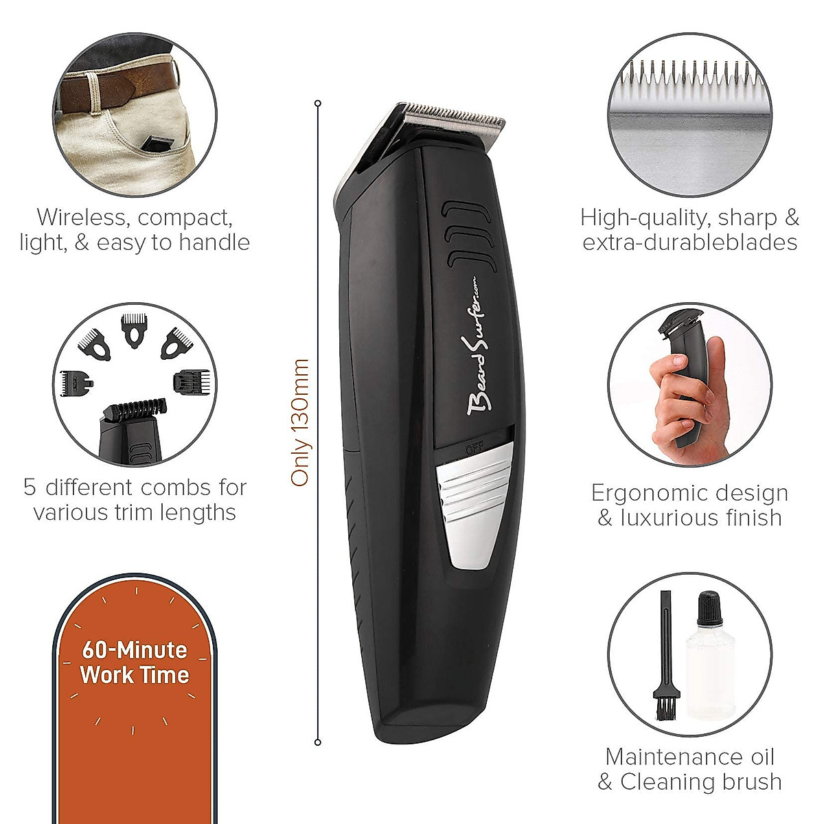 Beard Surfer Facial Hair Trimmer for Men Travel Beard Mustache Kit Compact Mini Size Shaver AAA Battery Operated Grooming Set Black Matte Color