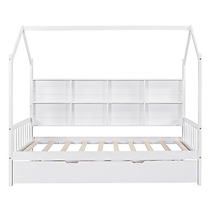 Twin House Bed with Twin Size Trundle,Twin Size Platform Bed Frame with Storage Shelves and Roof,Montessori Bed,Tent Bed,Wood Playhouse Bed Twin for Kids Teens Girls & Boys (Twin, White)