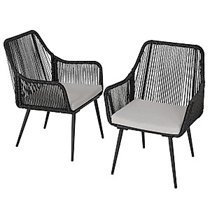 Olaterior Patio Dining Chairs Set of 2, Outdoor Dining Chairs, All-Weather Woven Twisted Wicker Rattan Chair with Armrest and Cushion, Modern Indoor Outdoor Seating for Garden, Lawn, Backyard, Black