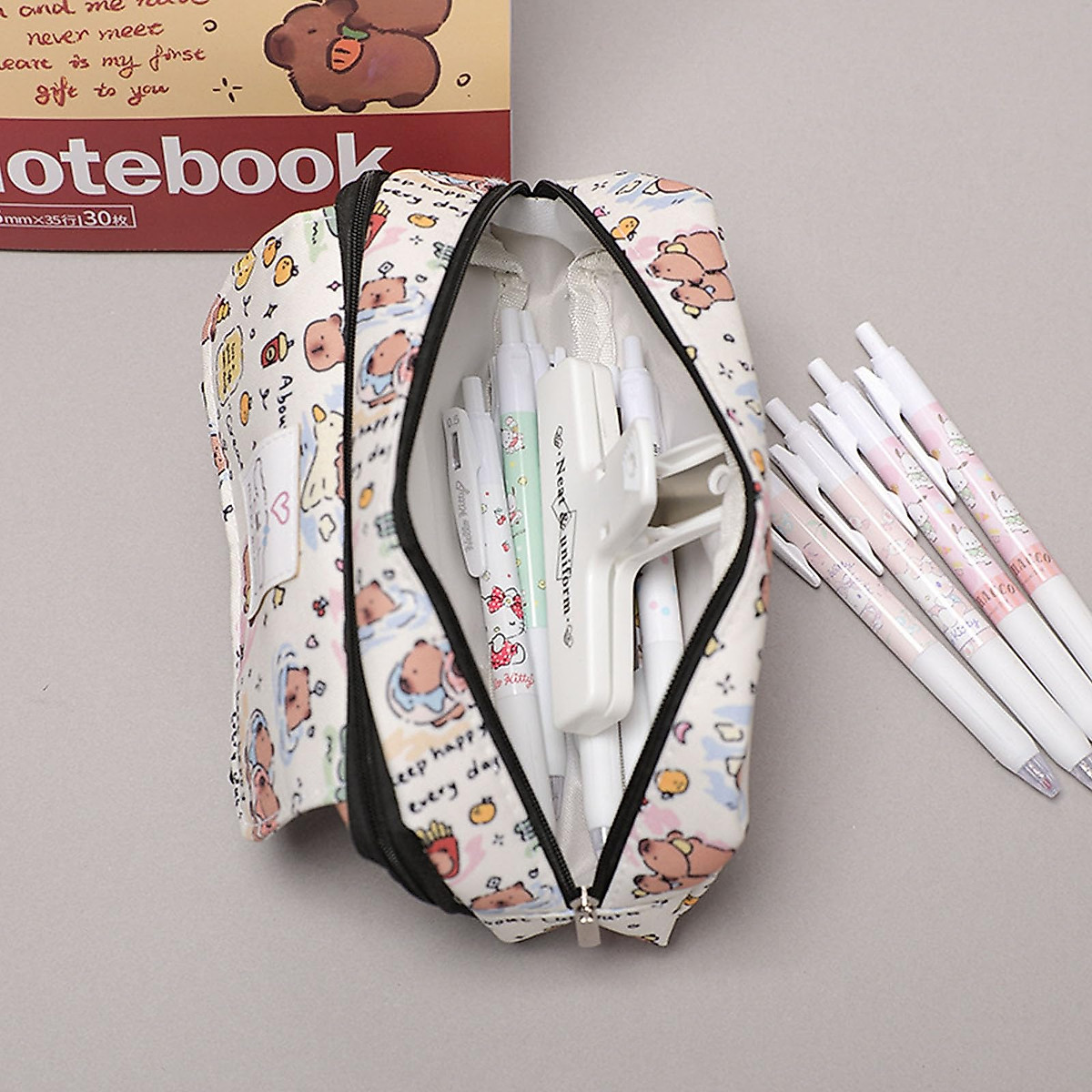 SNSDFEV Capybara Flip-Top Canvas Pencil Case, Extra Large Capacity Multi-Functional Stationery Organizer with Zipper Pocket & Charm, Portable Pencil Bag for Students, Boys & Girls