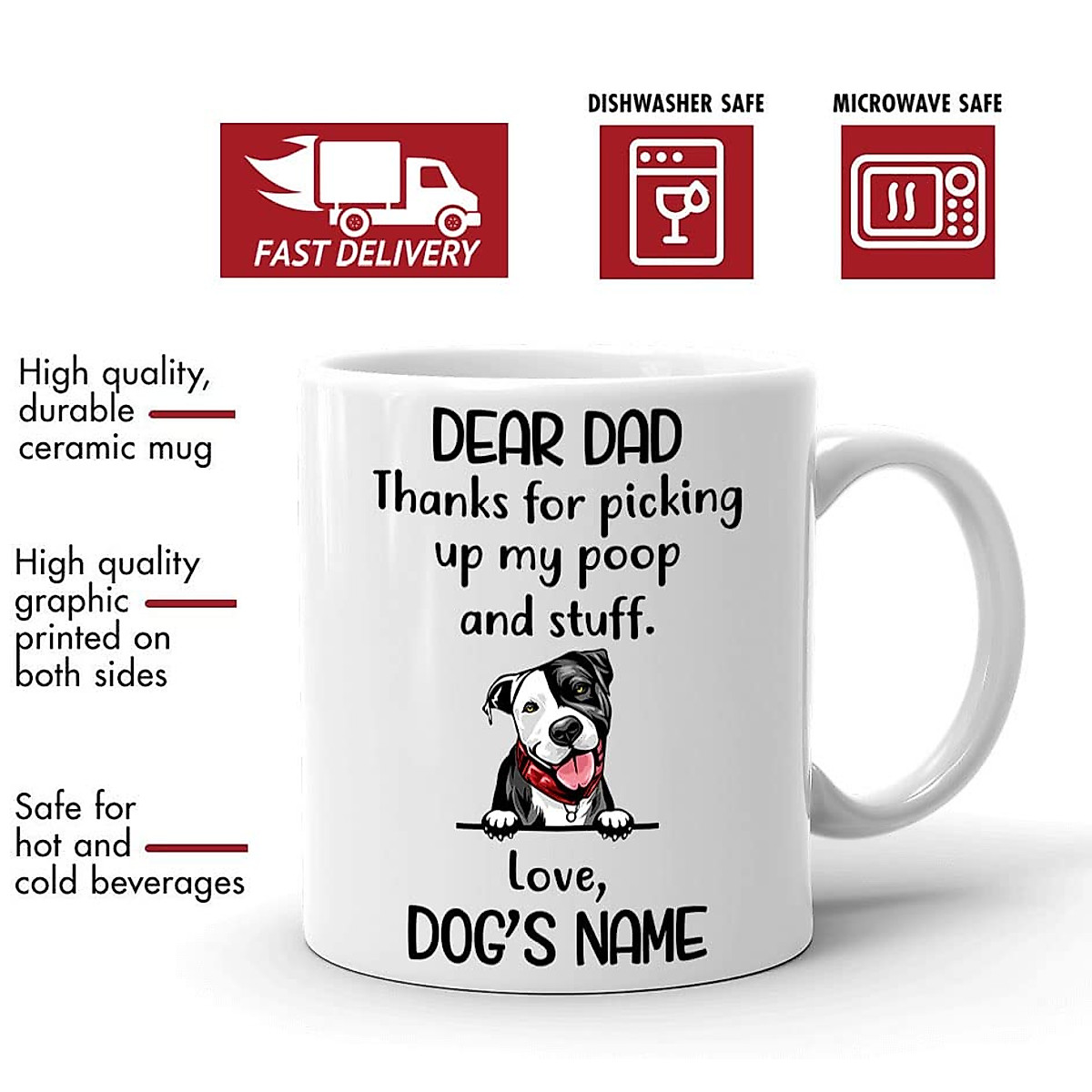 Personalized Pit Bull Coffee Mug, American Pitbull Custom Dog Name, Customized Gifts For Dog Dad, Father's Day, Birthday Halloween Xmas Thanksgiving Gift For Dog Lovers Mugs