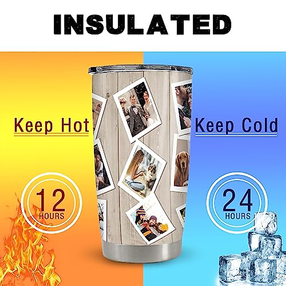 Personalized Tumbler with Pictures for Men Women,Custom Insulated Travel Mug with Lid,20oz Stainless Steel Coffee Cup Gifts for Father's Day Mother's Day Birthday Anniversary-12 Photos