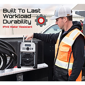 Tyler Bluetooth Jobsite Radio Speaker Wireless Battery Powered Or AC/DC - 100+ Feet Rang - USB - AUX Out - Full Band FM Radio - IPX5 Water Resistant - Outdoor Indoor Durable Portable Speaker TWS407