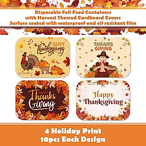 MorTime 40 Pcs Thanksgiving Foil Pans with Lids, Disposable Foil Food Containers with Harvest Themed Cardboard Covers, Aluminum Foil Baking Pan Cake Pans for Cooking, Heating, Roasting