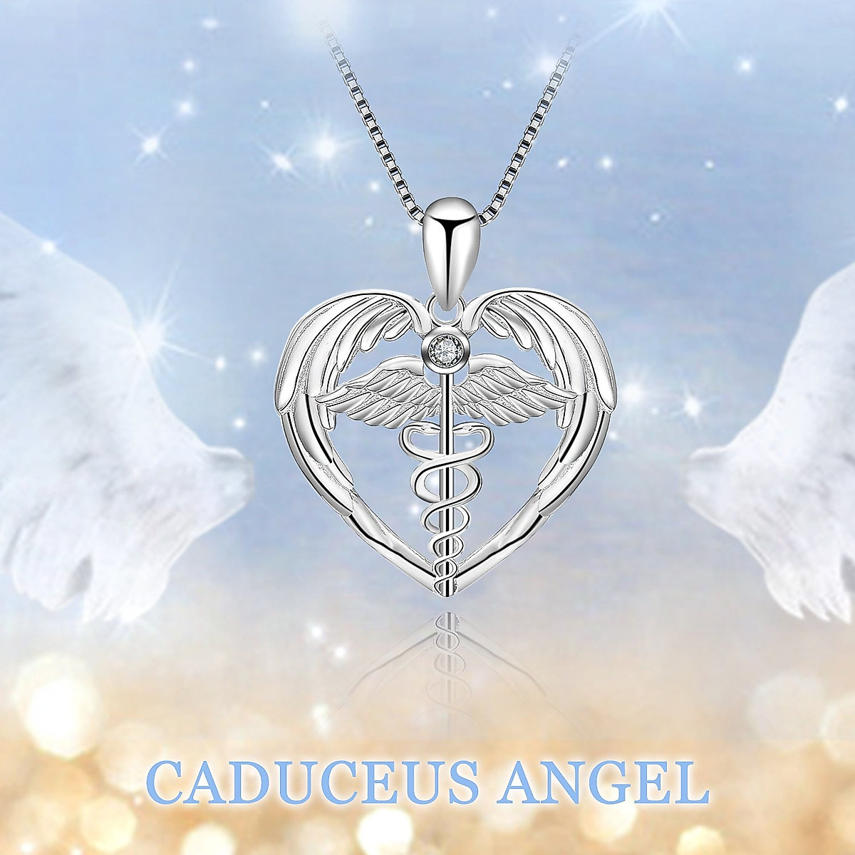 YFN Sterling Silver Caduceus Angel Nursing Themed Pendant Necklace 18" (Nurse Necklace) (Nurse Necklace) (Silver)