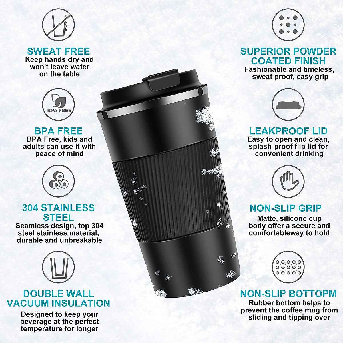 YINJOYI 17oz Travel Coffee Cups Insulated Mug Thermal Tumbler to Go with Lid Leak Proof Reusable Stainless Steel Coffee Mug Spill Proof for Hot and Iced Cold Drinks (Black, 510ml)