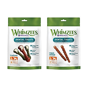 Whimzees Brushzees Dental Chews for Dogs (Large) and Veggie Sausage Dental Chews for Dogs (Large)