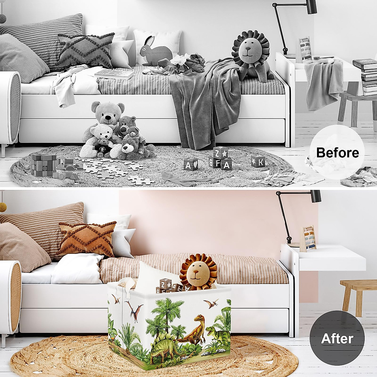 Clastyle 36L Large Green Forest Dinosaur Palm Tree Shelf Basket with Handle Collapsible Rectangle Toy Clothes Cube Storage Basket for Kids Room Nursery