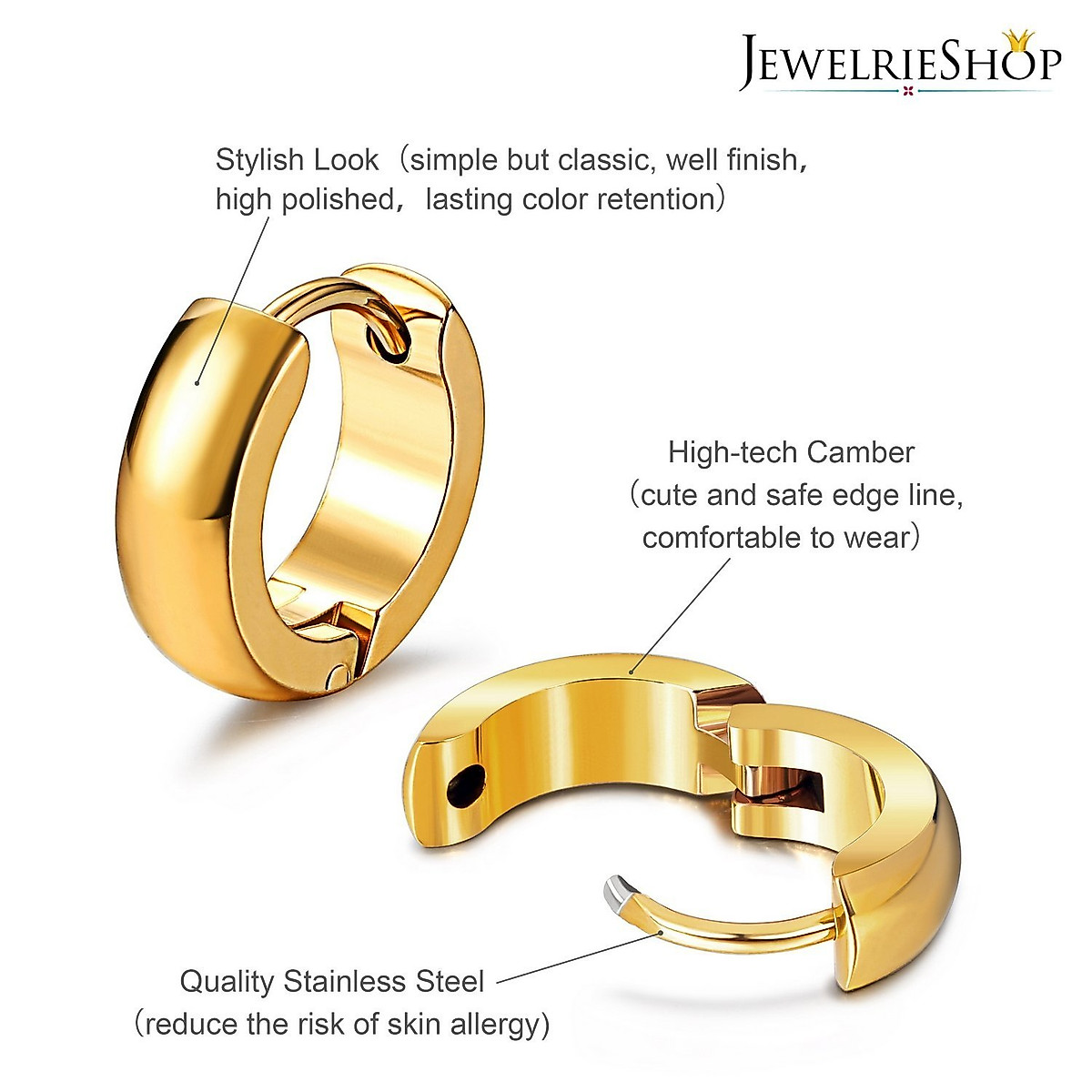 JewelrieShop Hoop Earrings Set Gold Surgical huggie Earrings, Hypoallergenic Huggie Ear Piercings Endless Huggie Hoop Earrings for Men Earrings (Gold, Black, Stainless Steel Hoop Earrings)