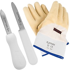 Dexter Russell Oyster Knife (S121PCP) - 2.75" and Dexter Russell Clam Knife (S127PCP) - 3" Sani-Safe Series w/ Oyster Shucking Gloves, 2 Paper Coasters, Ebook Bundle