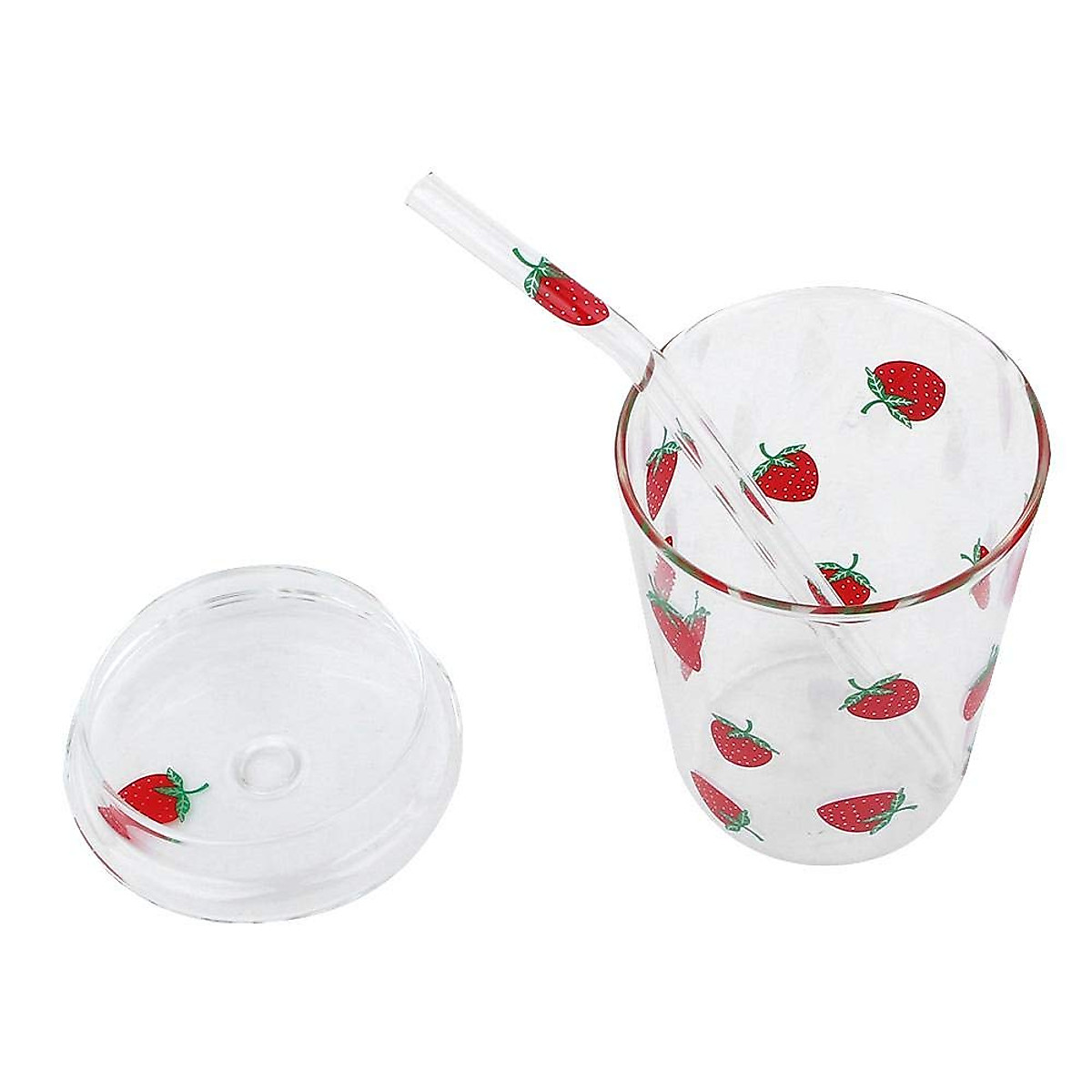 Ichiias Glass Cup Heat-Resisting Clear Strawberry Pattern Coffee Juice Drinking Water Mug with Straw Lid