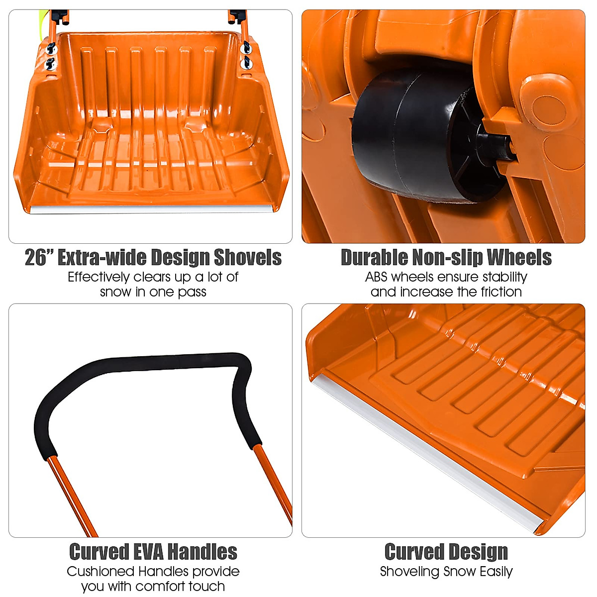 GYMAX 26” Poly Sleigh Shovel, Rolling Snow Pusher Scoop Extra Large Capacity, Adjustable Angle & Easy Setup, with Ergonomic Handle & Wheels for Driveway, Sidewalk, Patio (Orange)