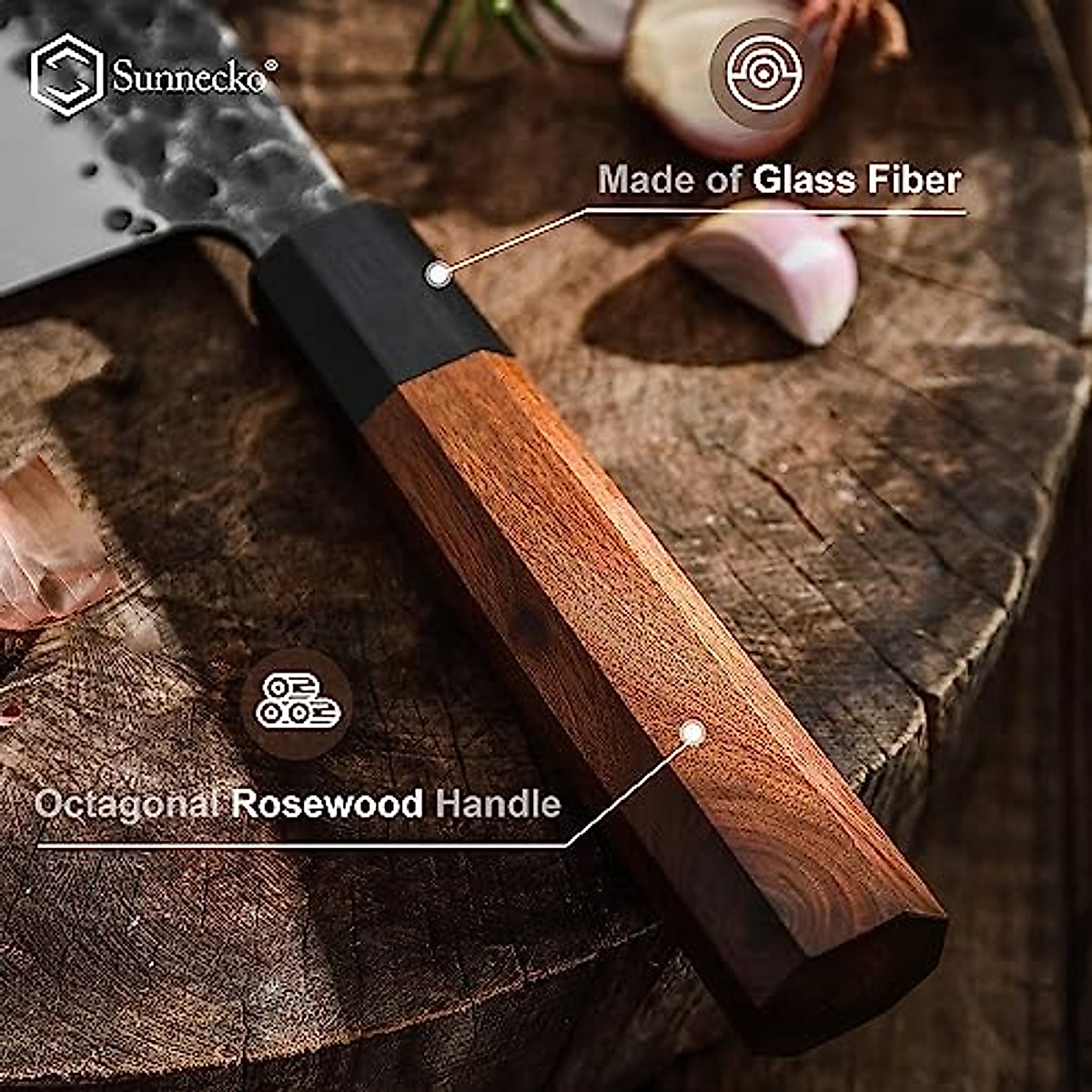 Sunnecko Japanese Gyuto Chef Knife - 8 Inch Chefs Knife for Kitchen,3 Layers 9CR18MOV High Carbon Steel Sharp Cutting Knife,Hand Forged Hammered Pattern