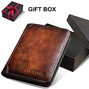 Ciephia RFID Blocking Trifold Genuine Leather Wallets for Men, Vintage Short Multi Function Credit Card Holder,Money Clips with 2 ID Windows Give Gifts to Men (Brown)