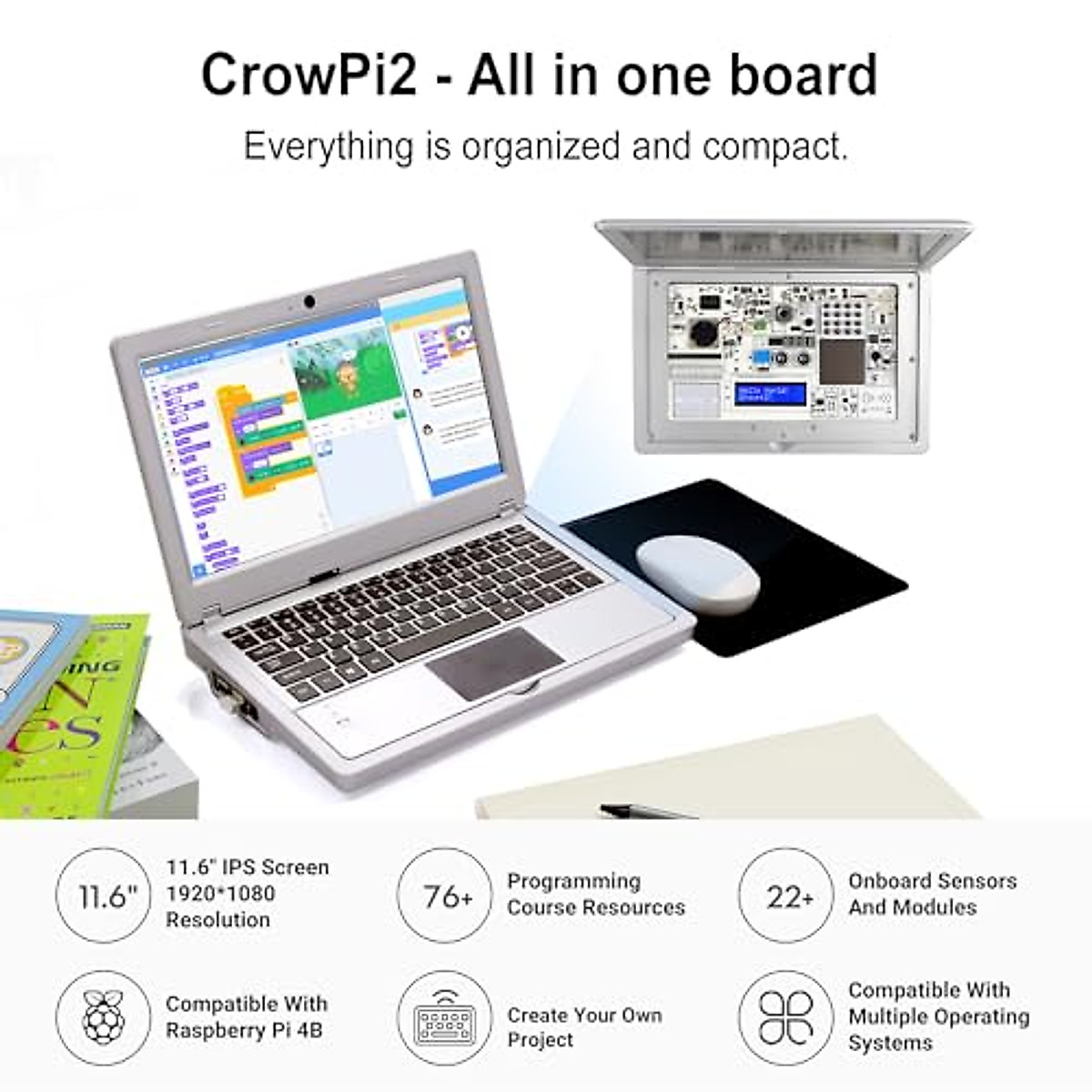 Crowpi2 Laptop for Raspberry Pi, Compatible with Raspberry Pi 4 Programming Learning Kit for Kids Adult - Basic Kit, RPI Not Included