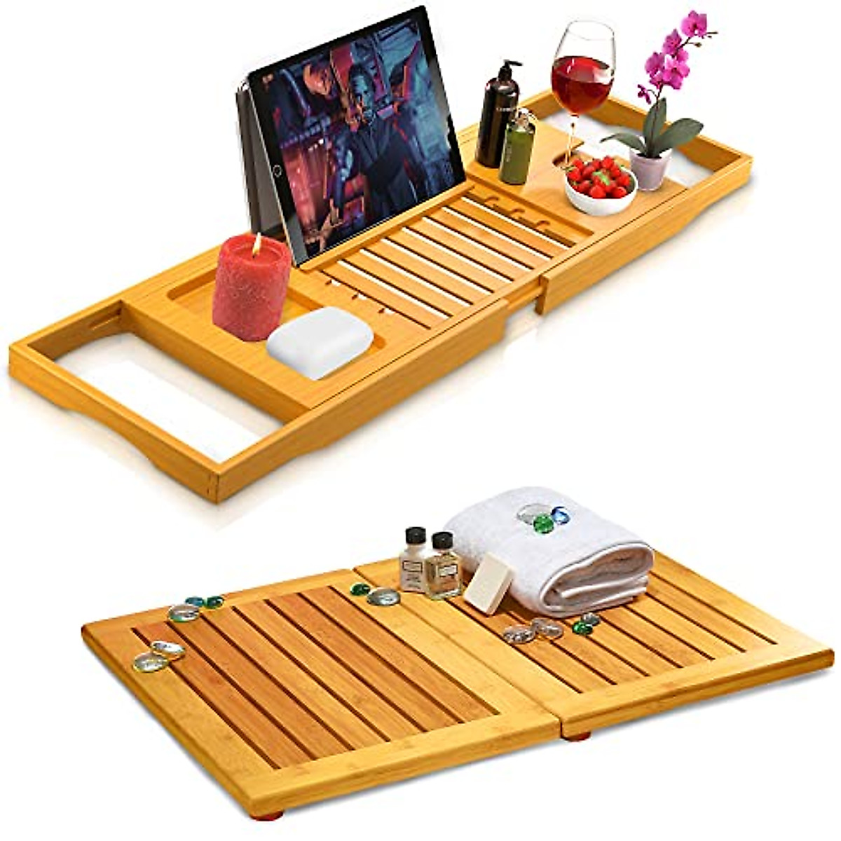 Bambüsi Premium Bathtub Tray Caddy and Bamboo Shower Floor Mat