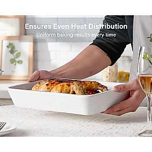 ONEMORE Ceramic Baking Dish, 9x13 Baking Pan Casserole Dish Large Rectangular Baking Dishes for Oven Deep Dish Lasagna Pan for Family Meals Ribbed White Bakeware for Roasting & Serving