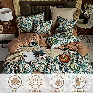 CinYana Paisley Floral Duvet Cover King Vintage Style Duvet Cover Set 5 PCS Boho Bedding Set Green Duvet Cover Set(Green,King/California King)