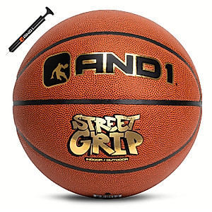 AND1 Street Grip Premium Composite Leather Basketball & Pump- Official Size 7 (29.5”) Streetball, Made for Indoor and Outdoor Basketball Games (Orange)