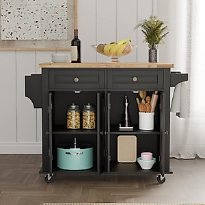 Squireewo Kitchen Cart with Rubber Wood Top Breakfast Bar, Rolling Mobile Kitchen Island Table on Wheels with Drawer and Storage Cabinet, Spice Rack, Towel Rack, Black