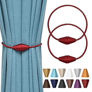 NICEEC 2 Pack Upgrade Magnetic Curtain Tiebacks 16 Inch Handmade Weave Rope Curtain Holdbacks Convenient Decorative Cone Curtain Drape Tie Backs for Home & Office Window Drapery (Red)