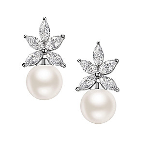 SWEETV Cluster Pearl Wedding Earrings for Birdes Bridesmaid, Crystal CZ Pearl Stud Earrings for Women, Prom, Ivory