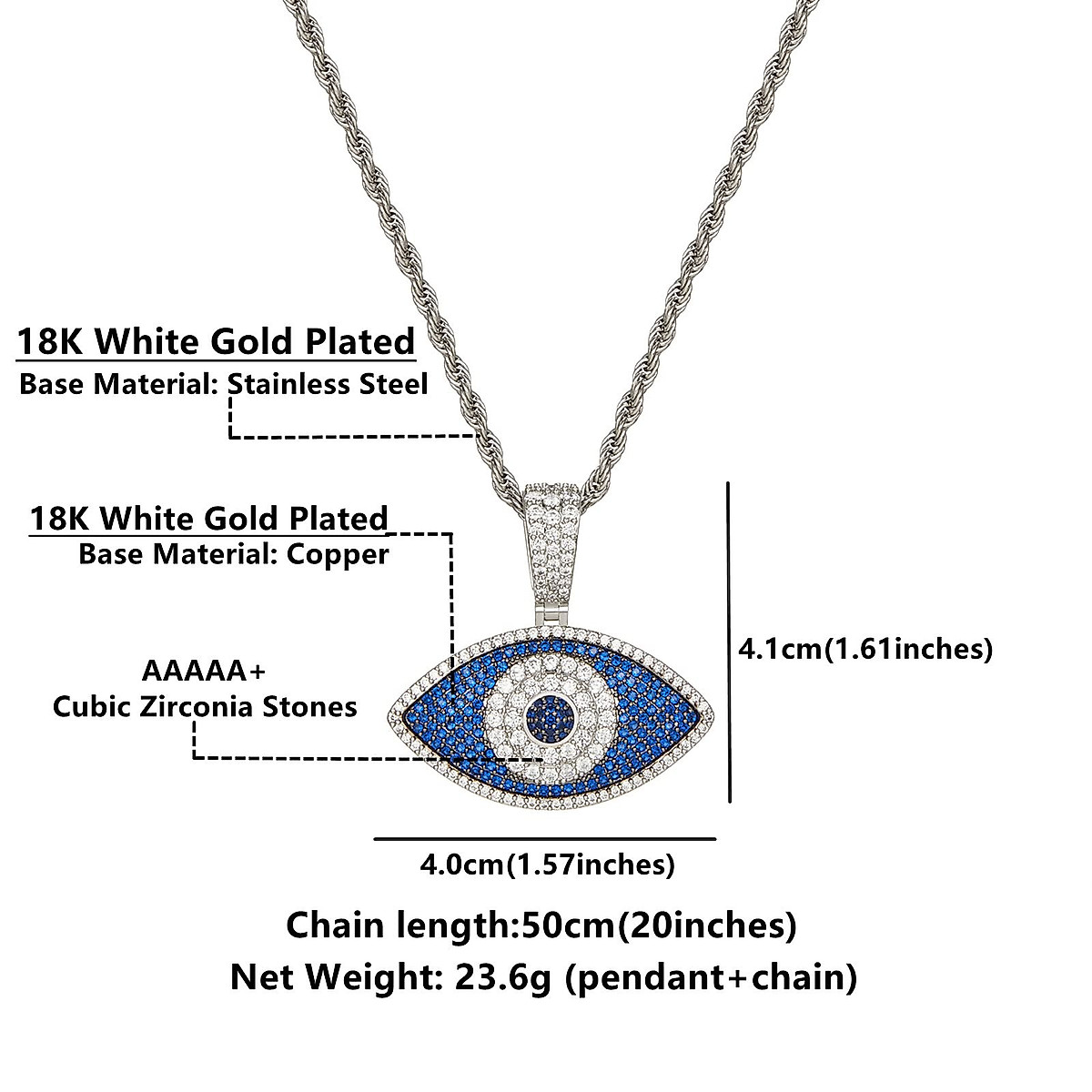 IVY TAILI Evil Eye Pendant Necklace 18k White Gold Plated Iced Out Pendant with Rope Chain Silver Evil Eye Necklace Diamond Pendant Women Gift