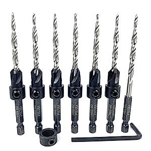 FTG USA Countersink Drill Bit Set 6 Pc #8(11/64") Wood Countersink Drill Bit, Pro Pack Countersink Bit, 1 Extra Tapered Drill Bit, 1 Stop Collar, 1 Hex Wrench, and 6 Pcs #8 (11/64") Replacement Drill