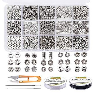 EuTengHao 605pcs Silver Spacer Beads 15 Style Jewelry Bead Charm Spacers Alloy Spacer Beads Kit for Jewelry Making DIY Bracelets Necklace Crafting Tools Kit with 2 Crystal Cable 2 Needles 1 Scissor
