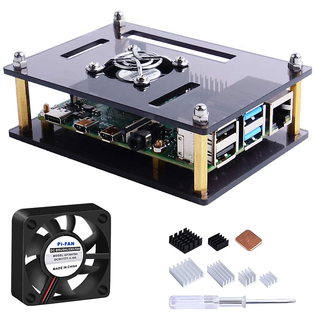 GeeekPi Acrylic Case for Raspberry Pi 4 Model B & Raspberry Pi 3 Model B+, Pi Case with Cooling Fan and 7PCS Heatsinks for Raspberry Pi 4 Model B/Pi 3B+/ Pi 3B/ 2B (Brown)